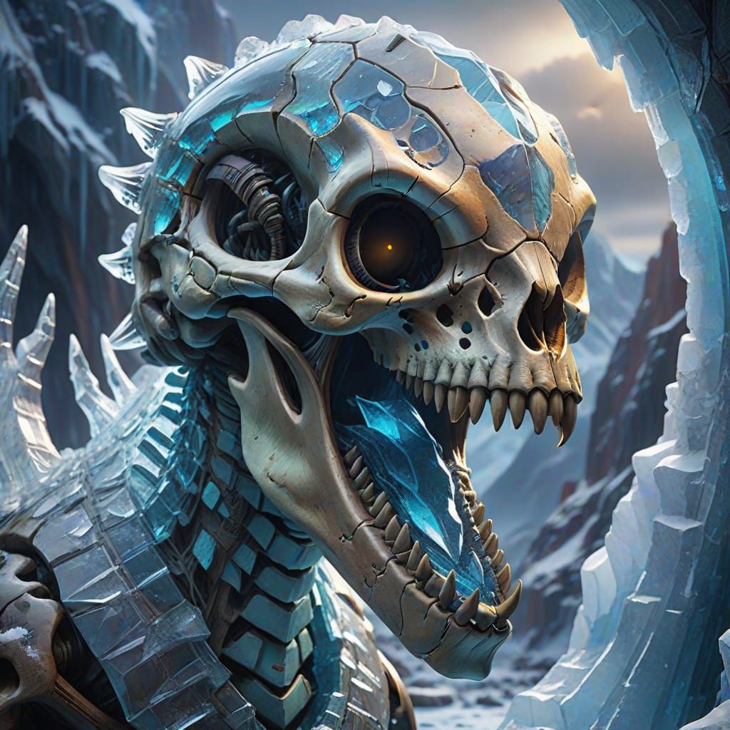 Epic Jurassic Raptor Skull Frozen in Icy Glory - AI Art