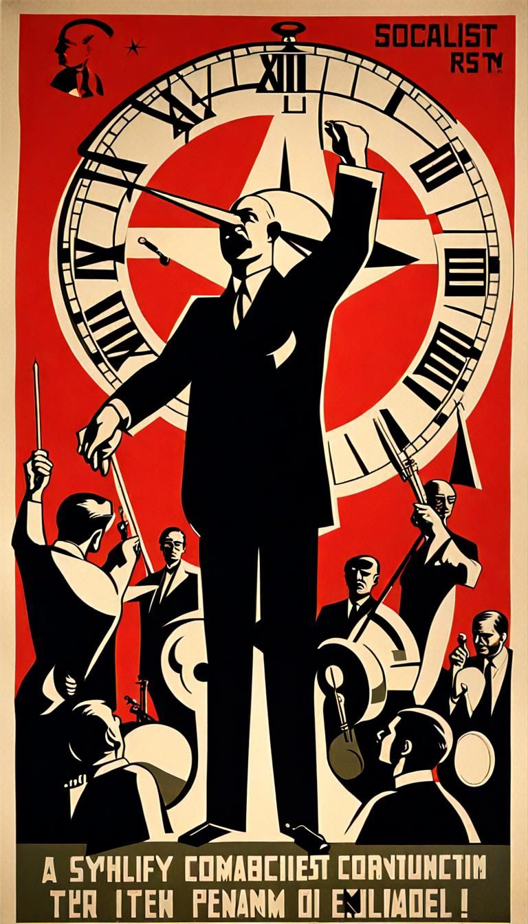 Socialist realism poster a symphony conducted by clock hands
