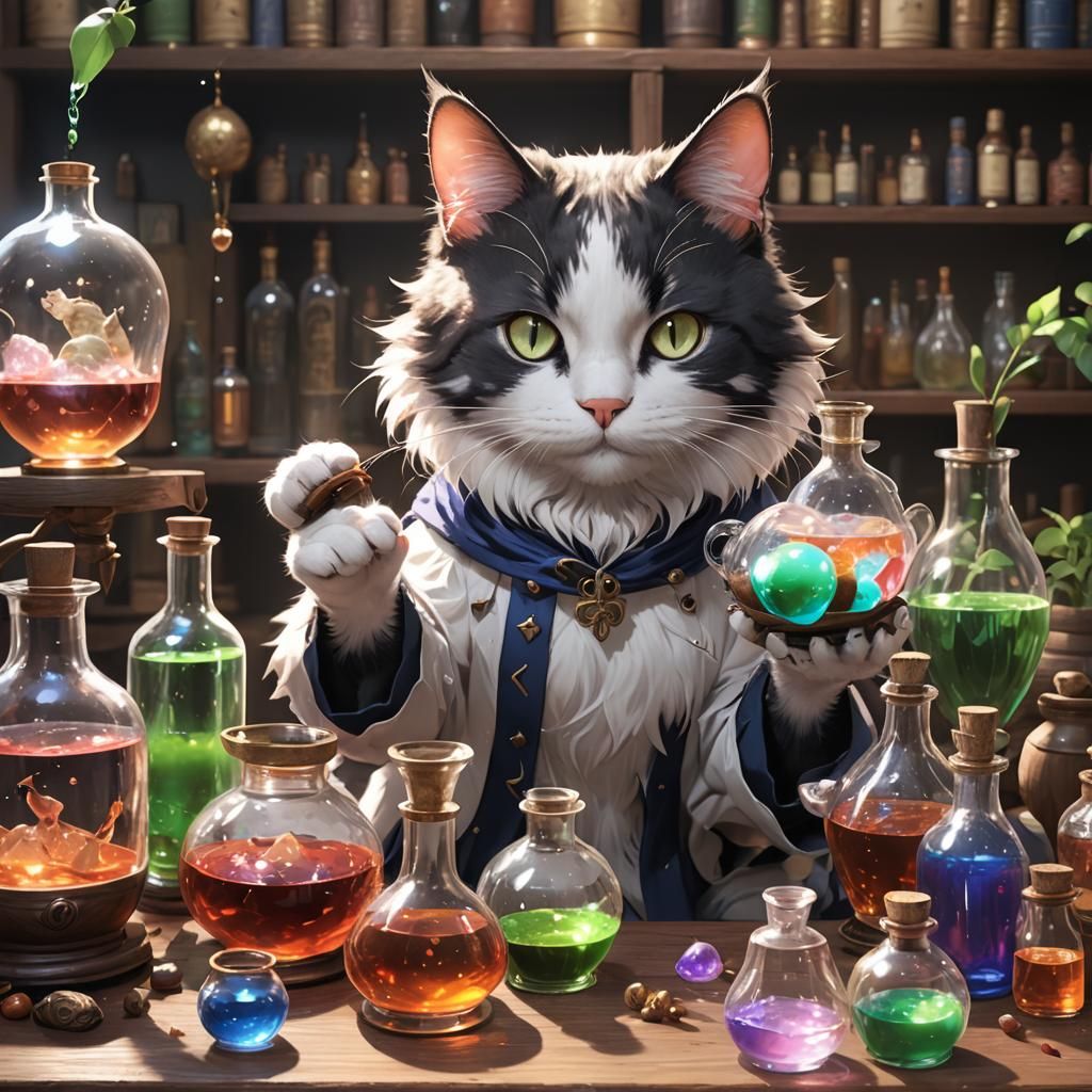 cat creates potions - AI Generated Artwork - NightCafe Creator