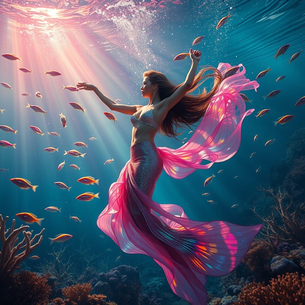 underwater - Surreal Mermaid Dance Amidst Rainbow Fish and S...