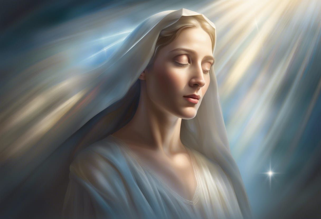 A portrait of mother Mary in a long dress and sparkling white and blue ...