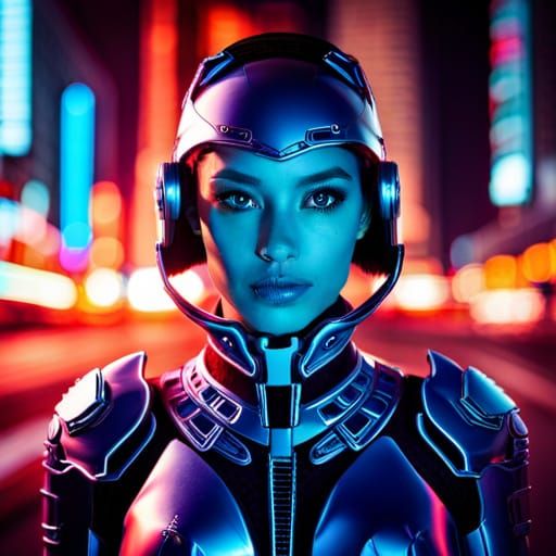 Portrait of a cyborg girl wearing futuristic face armor in a neon city ...