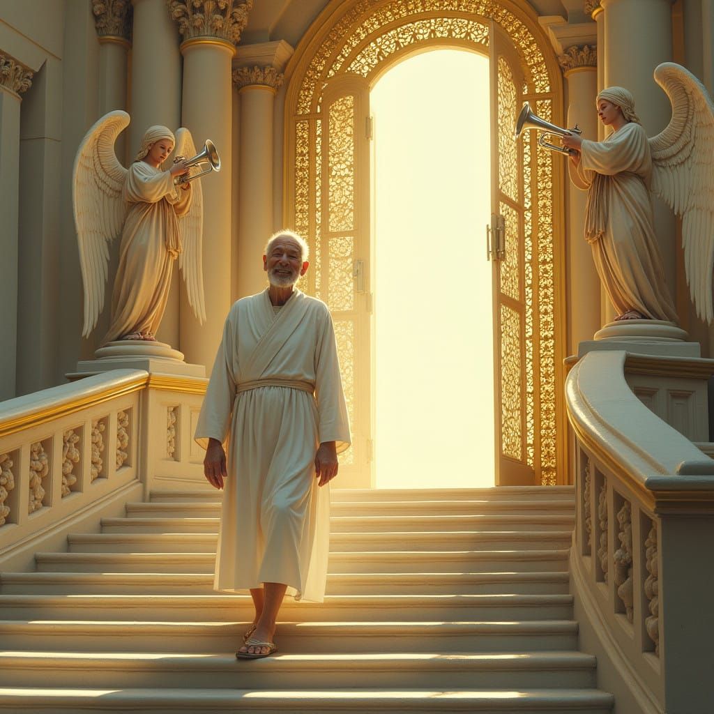 Elderly Man Ascends to Heaven Flanked by Angels wi... - AI Art
