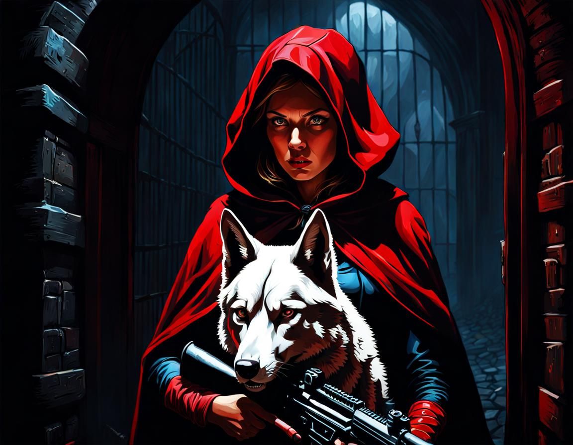 Fierce hunter Red Riding Hood and her tamed wolf - AI Generated Artwork ...