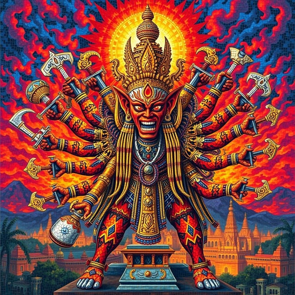 Majestic Demon King Ravana in Classical Mosaic Art - AI Art