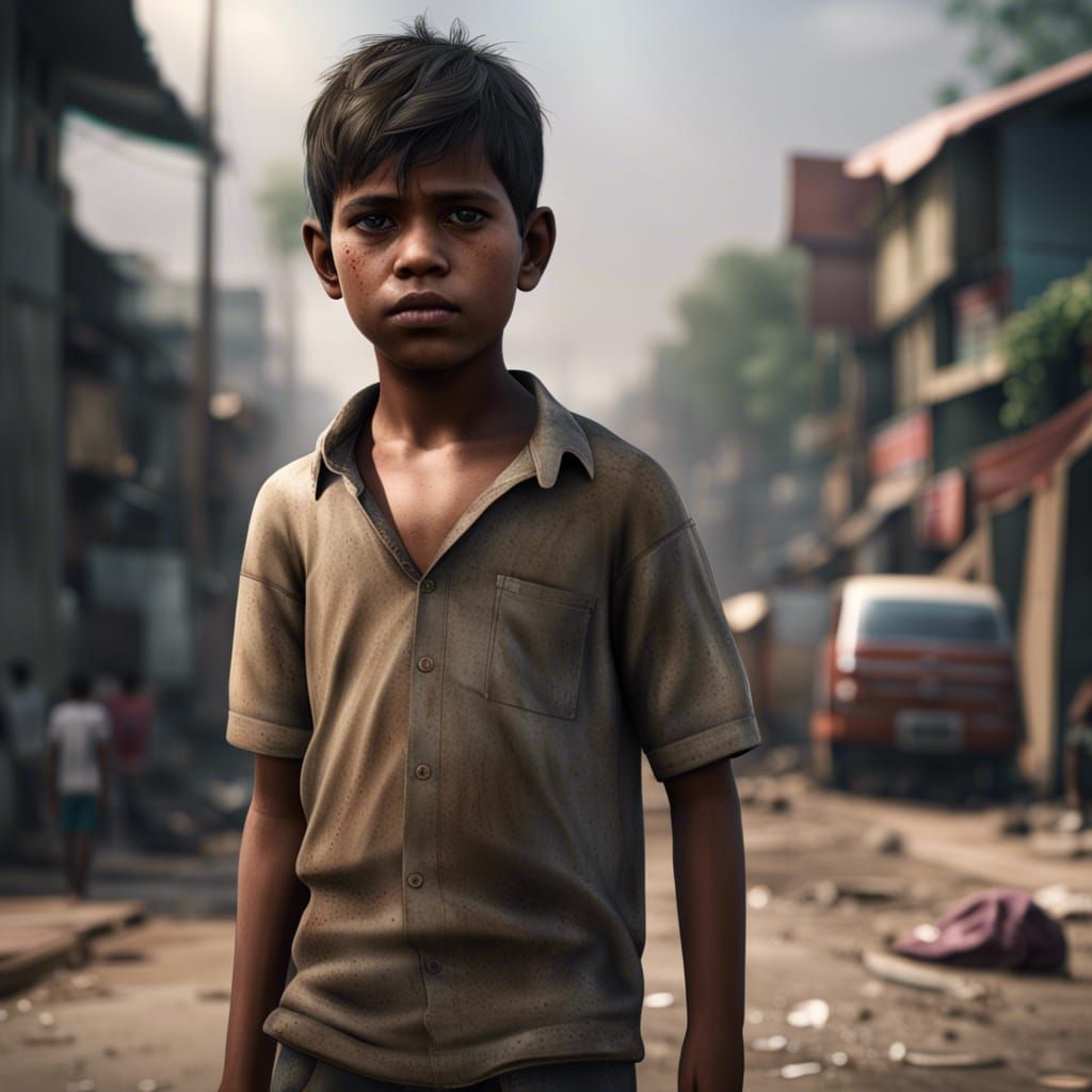 A Bangladeshi slum boy portrait wearing a dirty shirt and pant with a ...