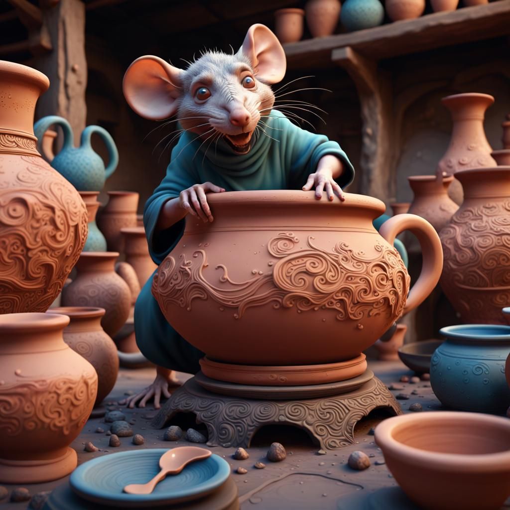 Eccentric clay pottery being made by an eccentric rat. - AI Generated ...