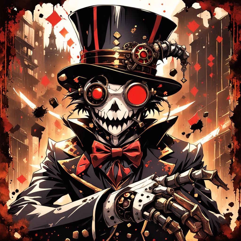 Ring master , Robot , wearing a jester mask, rusted , insane ...