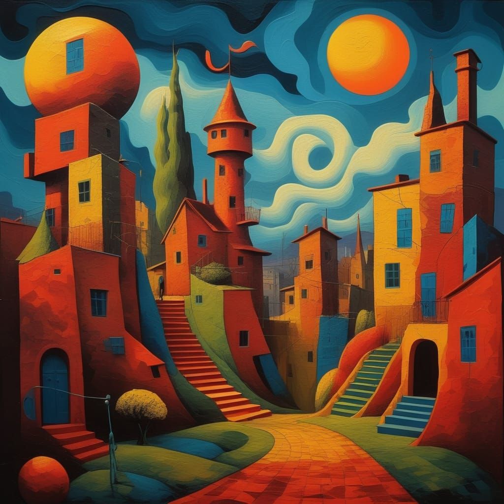 Neo-Cubist Gouache Masterpiece: Dreamlike Cityscap... - AI Art
