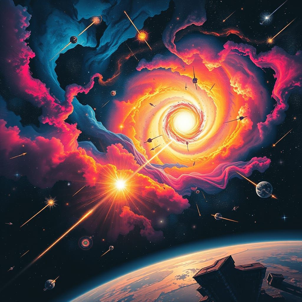 depict the collision of celestial elements and vivid solitude ...