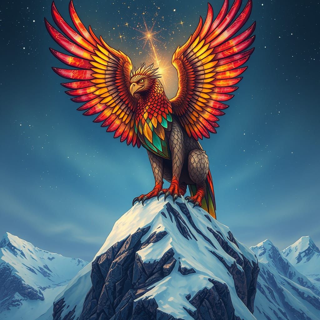 Stained Glass Griffin on Snowy Peak in Art Nouveau... - AI Art