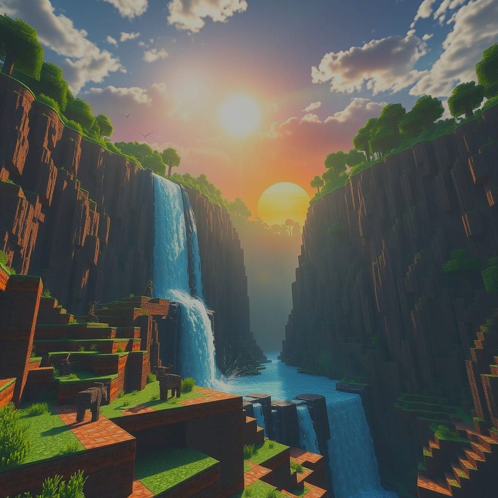 Minecraft Sunset Canyon Waterfall Epic Battle - AI Art