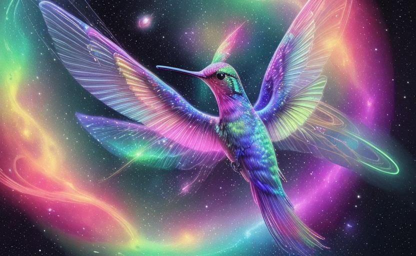 A mystical neon hummingbird with flickering wings, surrounded by a ...