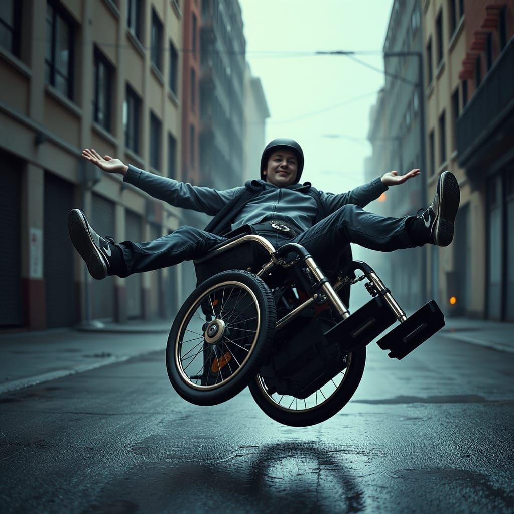 Sleek Electric Wheelchair in Mid-Air Comedic Fall,... - AI Art