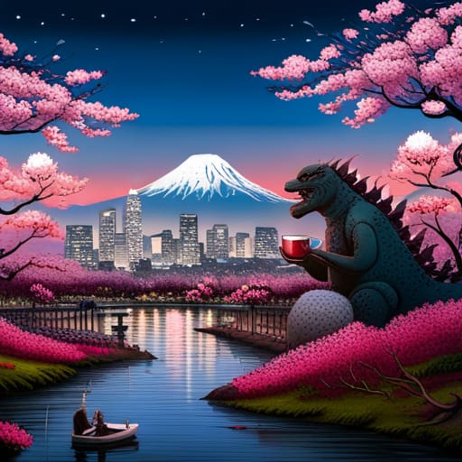 Godzilla's tea time in Japan - AI Generated Artwork - NightCafe Creator