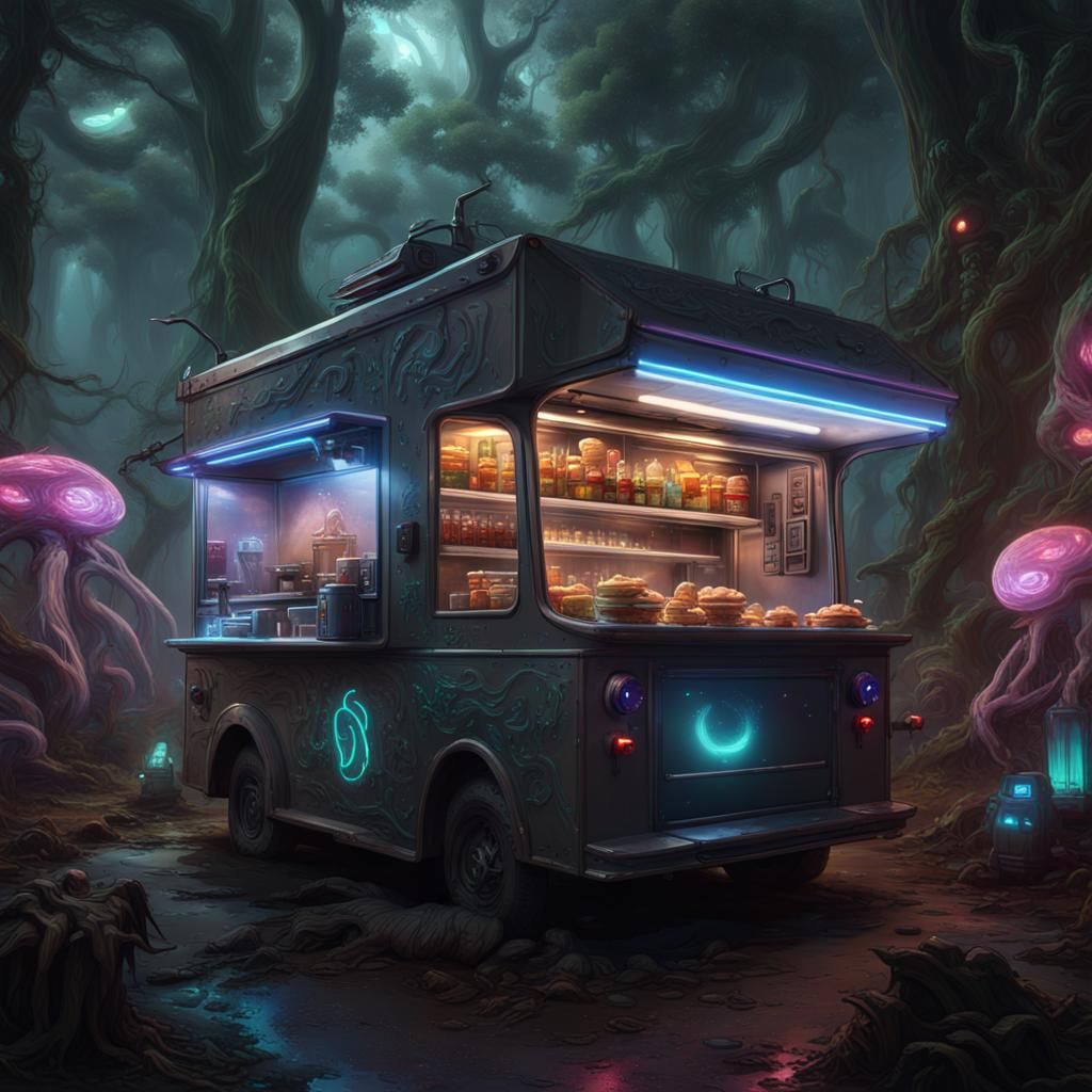 Tech-enhanced food trucks with holographic menus and robot chefs. under ...