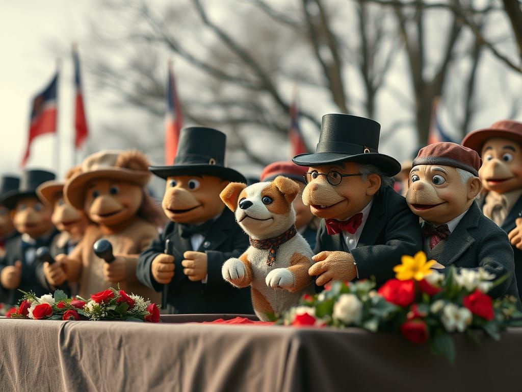 Belligerent Puppets at a Beloved Pet's Funeral