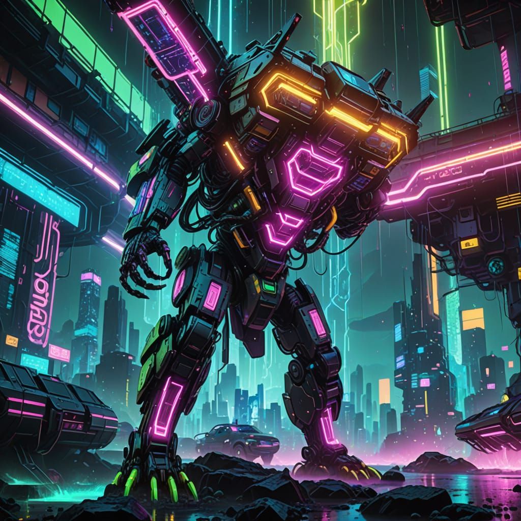 “A neon-drenched cyberpunk undercity abyss where floating islands of ...
