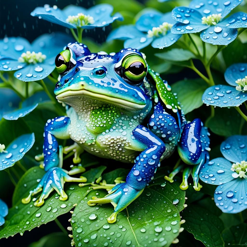 Cut colorfull frog on Hydrangea in rainfall, macro photography by Miki ...