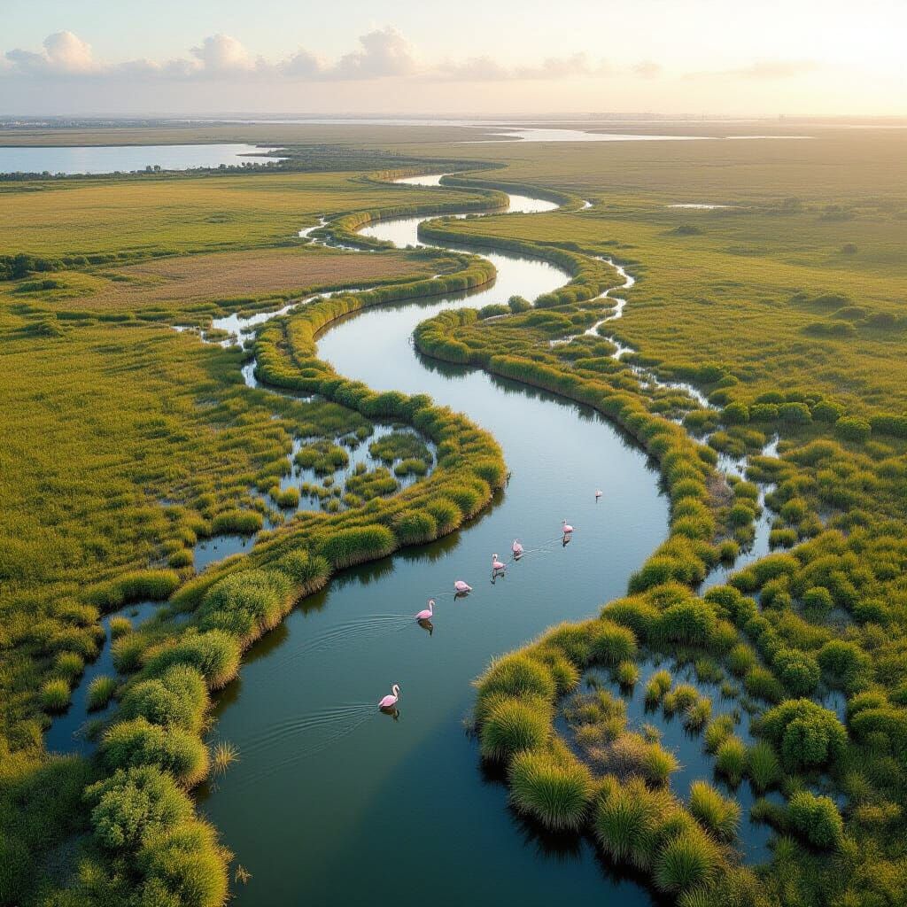 River? - Marshland Aerial Photograph with Flamingos and Hero...