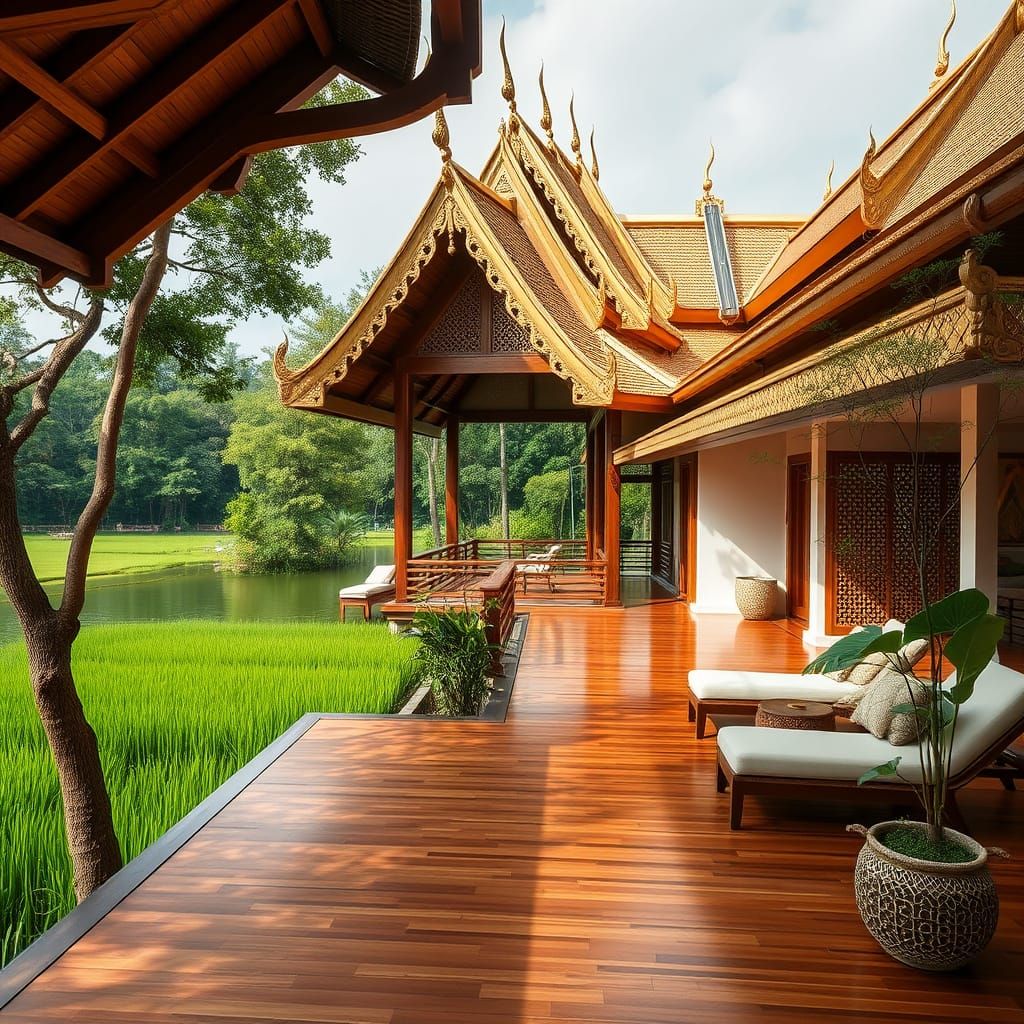 Thai Riverside Pavilion Retreat: Elegant Fusion of... - AI Art