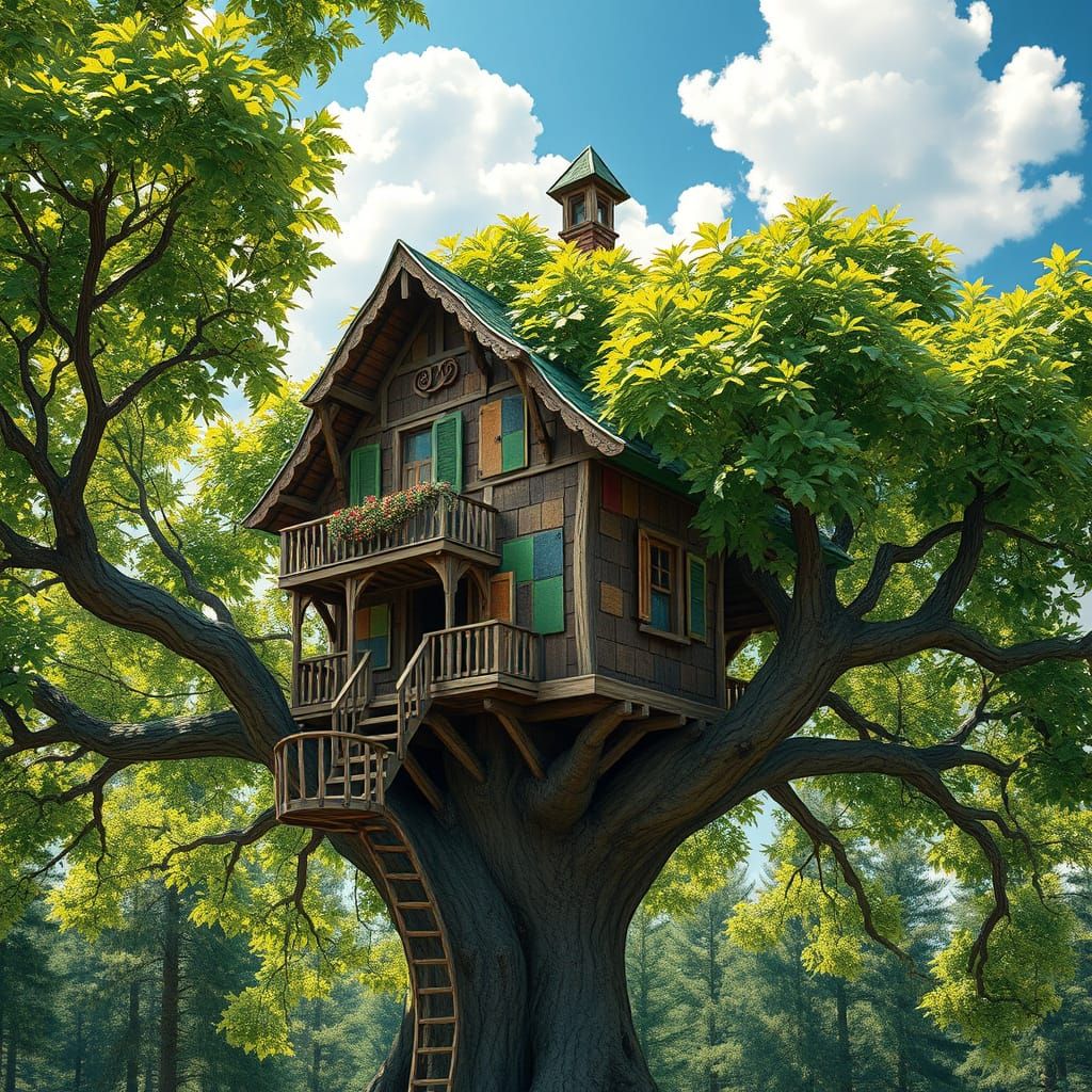 Treehouse With Unique Stairs - Vibrant Treehouse in a Toweri...