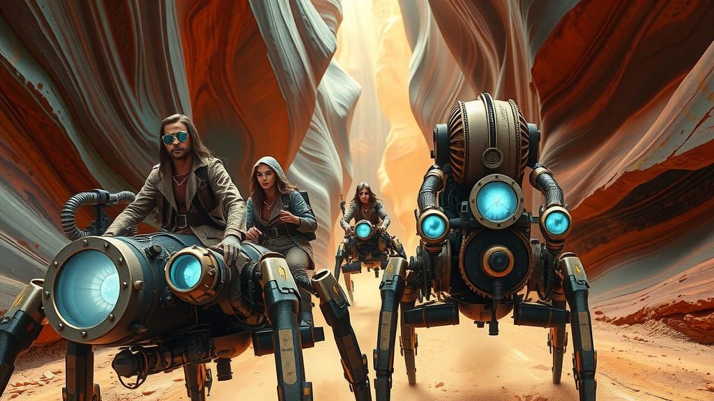 Steampunk Explorers Ride Mechanical Spiders Throug... - AI Art