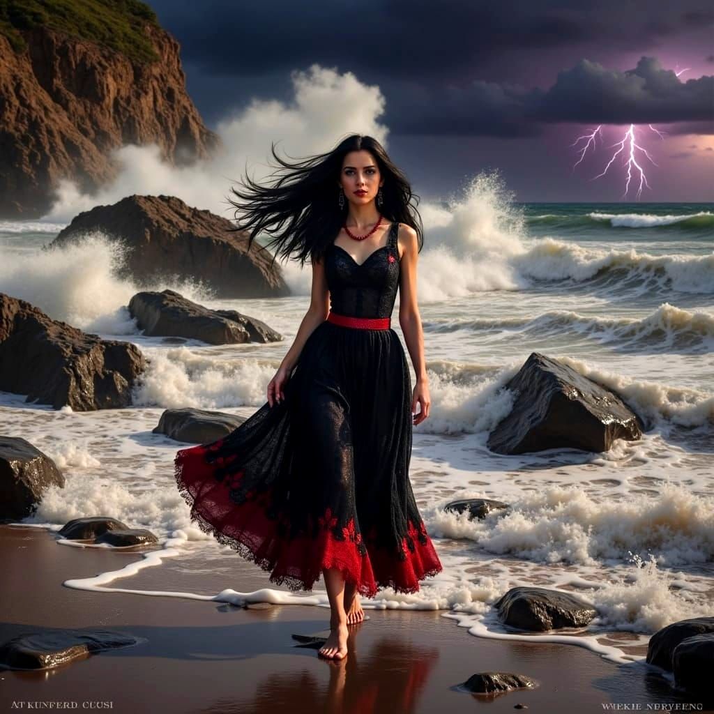 Stormy - Ethereal Lady in A Turbulent Stormy Ocean Landscape