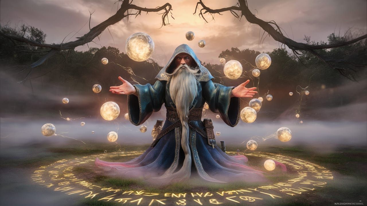 An enchanted sorcerer with floating orbs and glowing runes. - AI ...