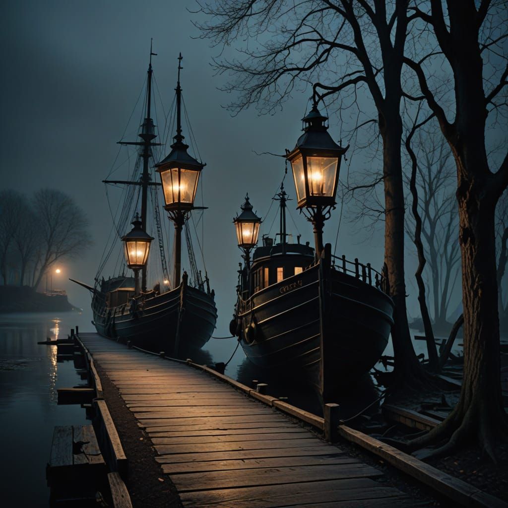 Gothic Fantasy Ship Dock at Night, Emerging from F... - AI Art