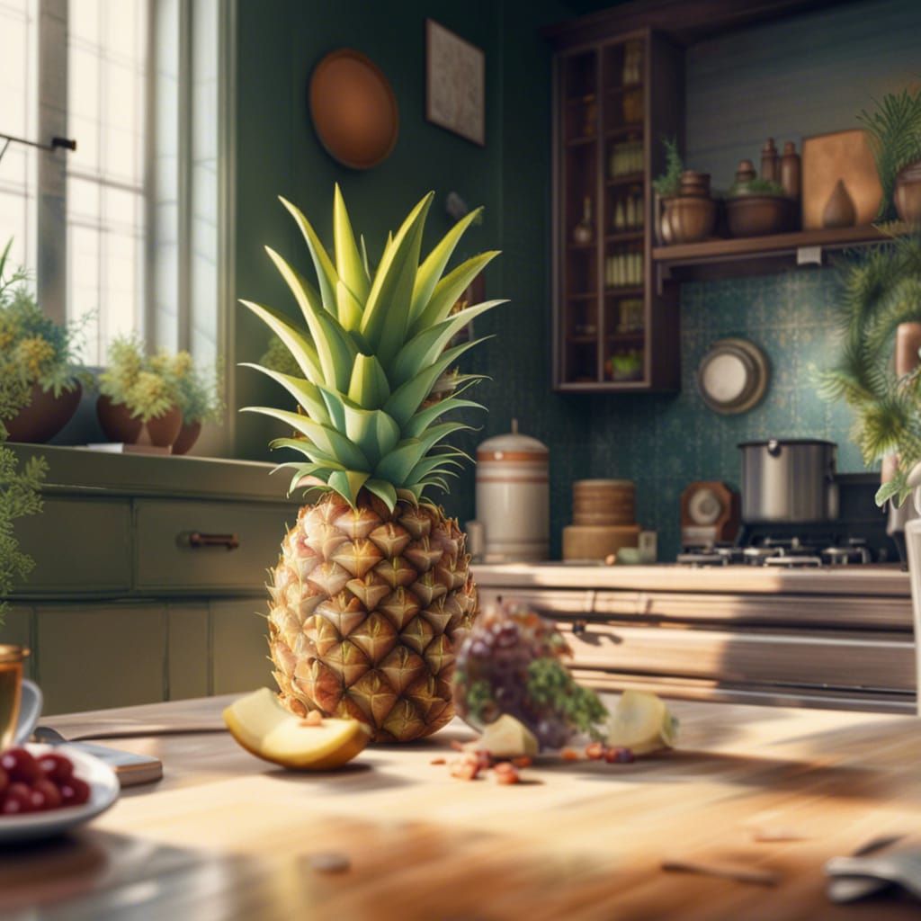 Fruit bowl with Pineapples and bananas. Aesthetic kitchen Epic cinematic brilliant stunning ...