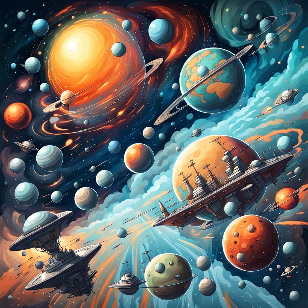 Bright gloomy colorfull drawing. Beautifull planets and moons orbiting ...