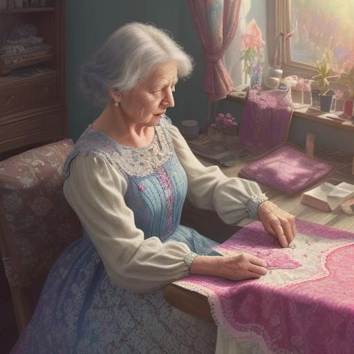 Old lady embroidering a dress from her memoriee of her life. Doubke ...