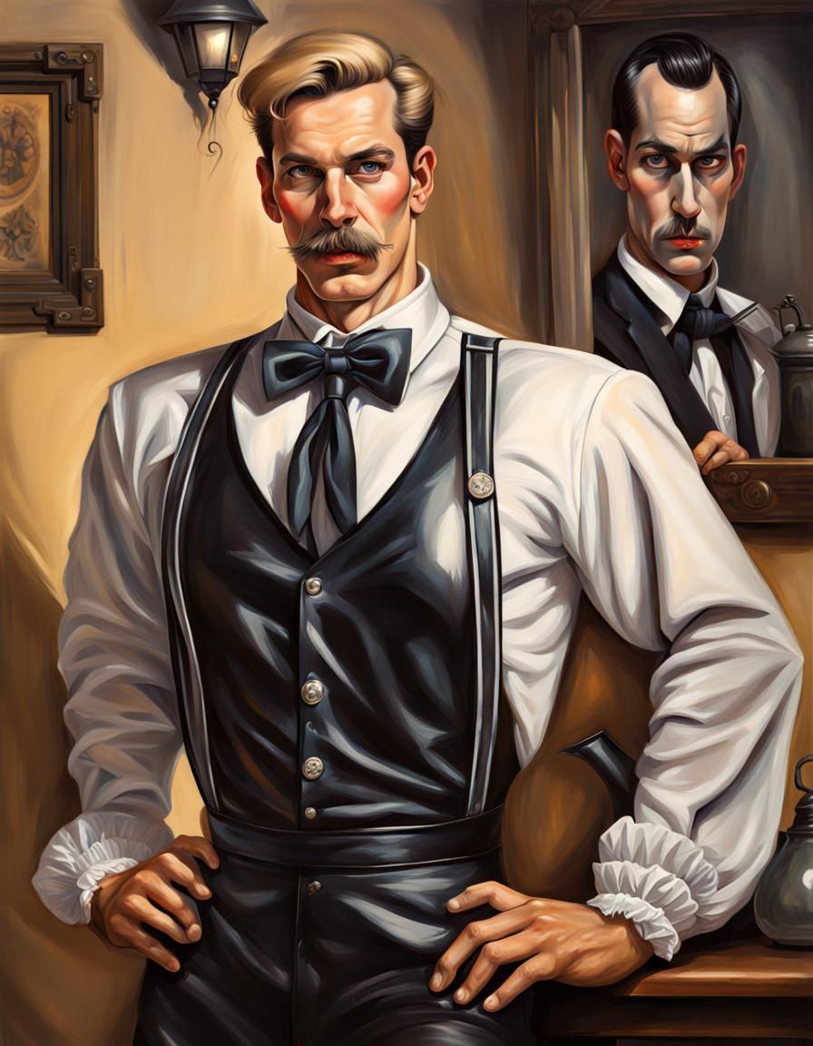 Oil painting style of Tom of Finland; male Maid; maid outfit ...