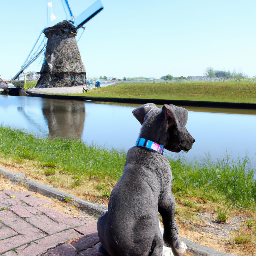 Mila the blue great dane puppy sitting by a Dutch canal watching a ...