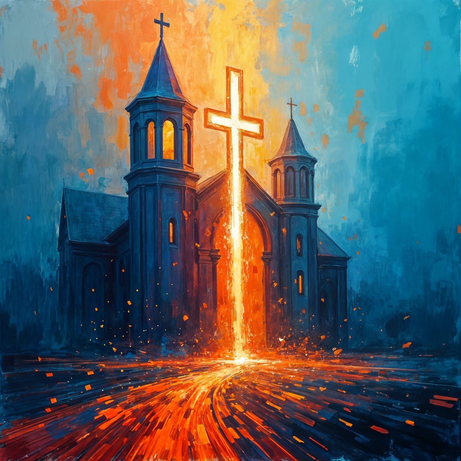 Church illuminated by a bright cross in a dramatic sunset landscape