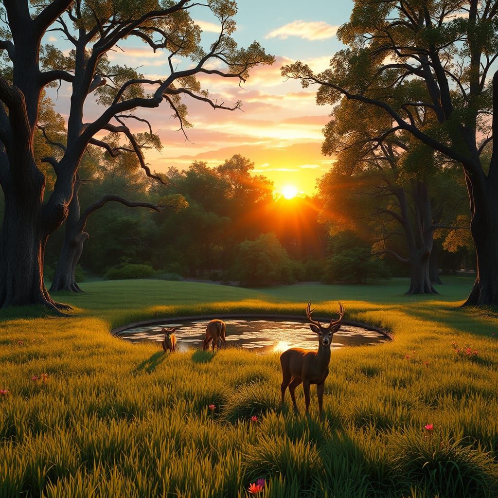 Serenic Golden Hour Forest Sanctuary in Vibrant Au... - AI Art