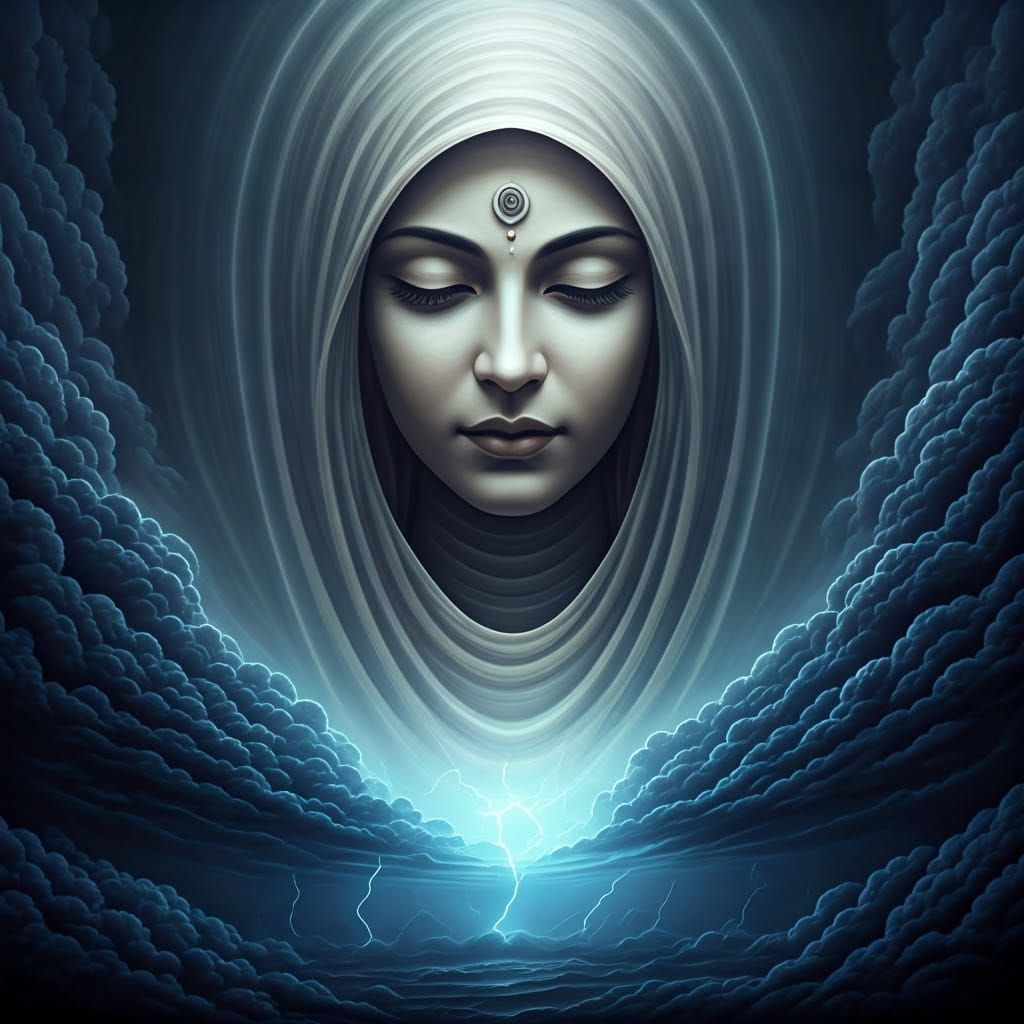 Serene Goddess of Karma Surveys Turbulent Skies - AI Art