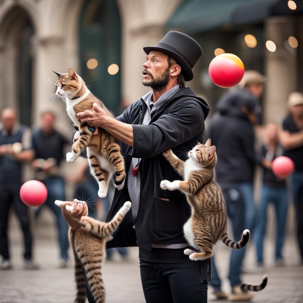 street performer juggling cats - AI Generated Artwork - NightCafe Creator