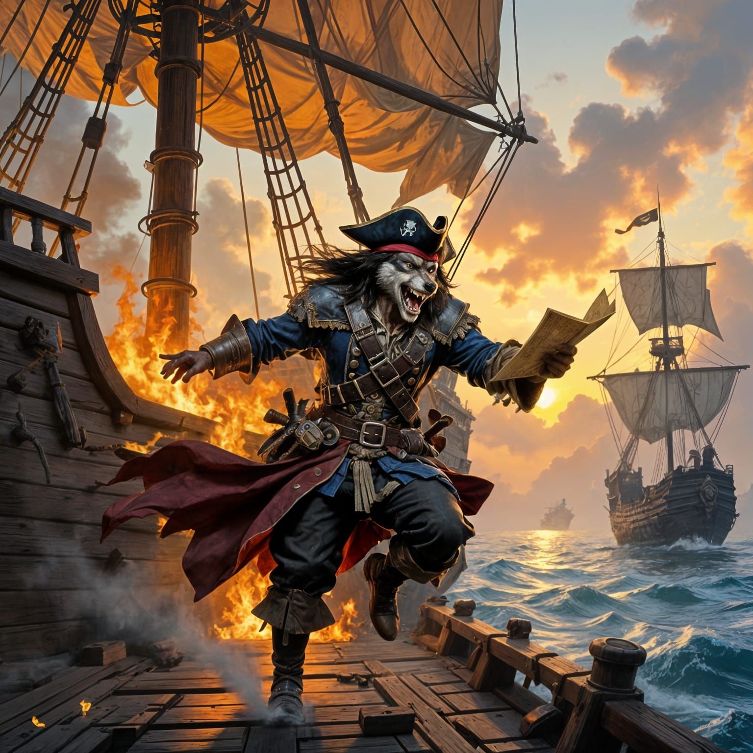 Wolf Pirate Leaps from Burning Ship in Golden Fog - AI Art