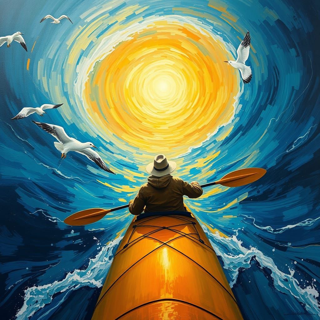 A lone kayaker paddles toward a swirling vortex of golden light ...