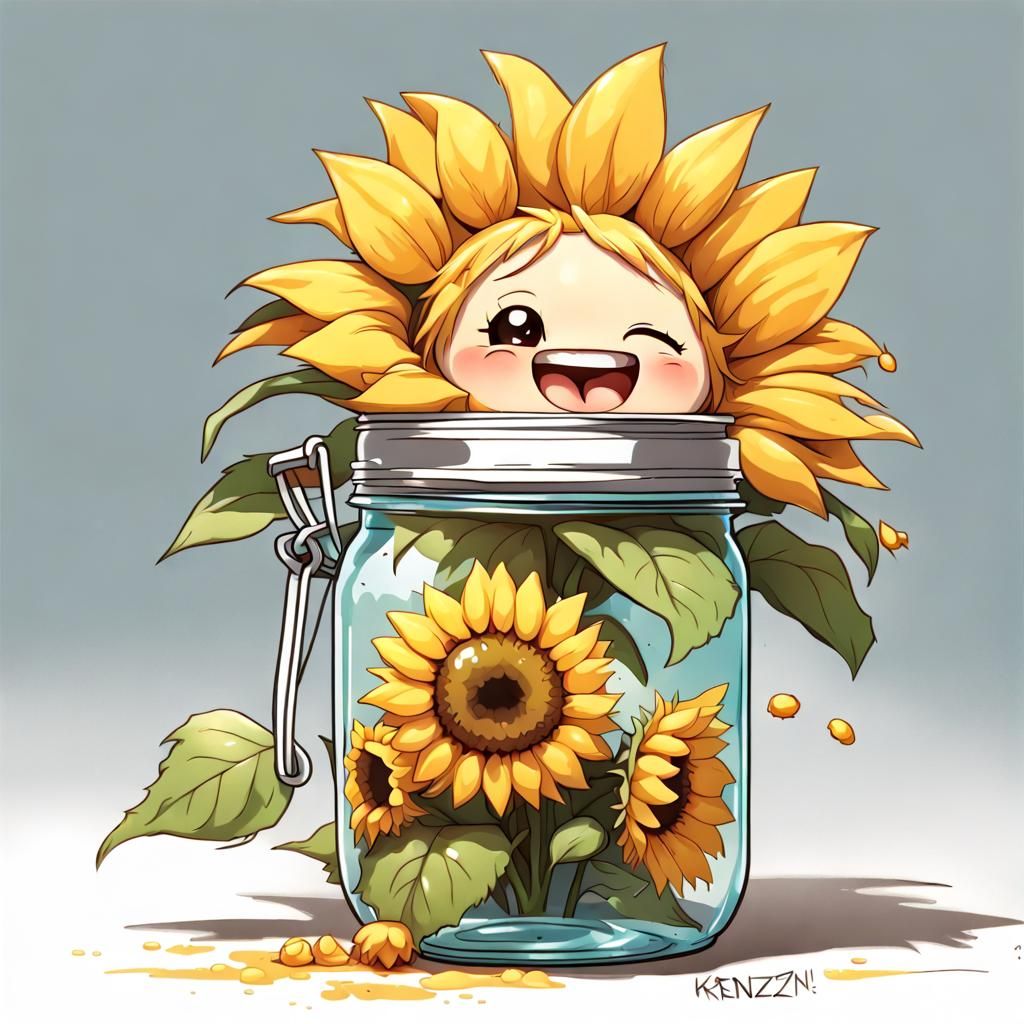 a happy chibified sunflower with a laughing mouth and teeth in a mason ...