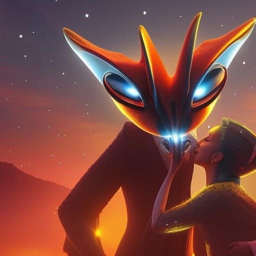 Alien from another planet being kissed on the cheek by an orange hound ...