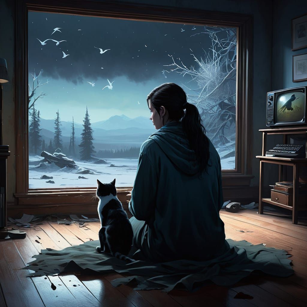 Fille et chat - Winter's Solace, a Glimpse of Freedom