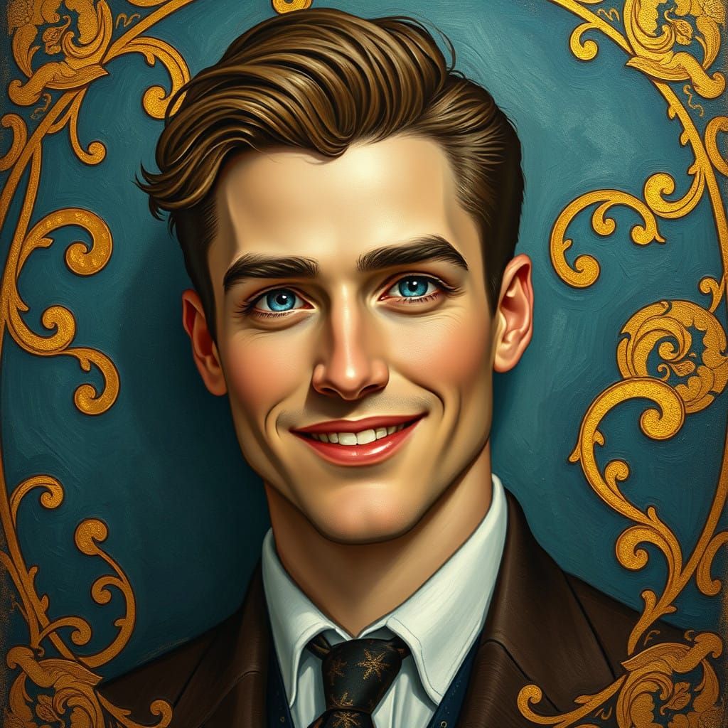 A handsome man with captivating bright blue eyes, charming smile, and ...