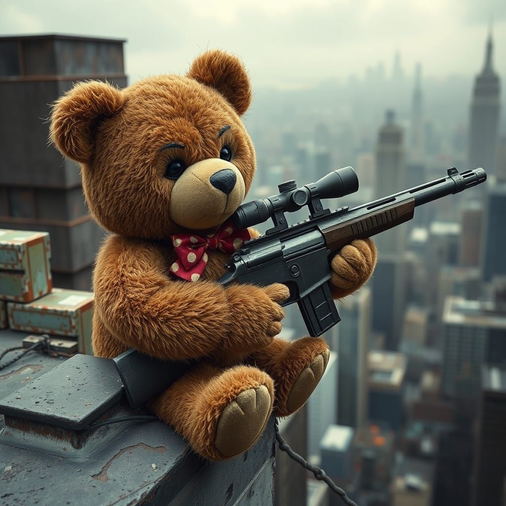 Teddy Bear Sniper on Urban Rooftop - AI Art