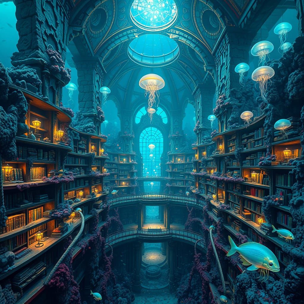 Underwater library - Surreal Underwater Library in Vibrant F...