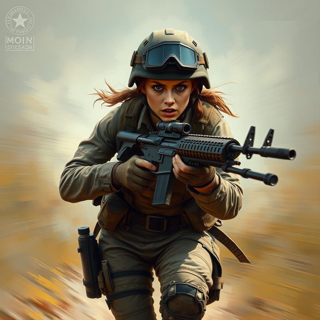 Fierce Army Woman Charges Forward in Combat Gear - AI Art