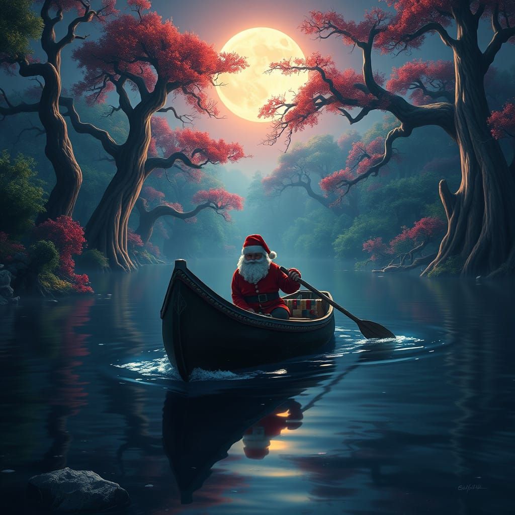 Santa in a canoe - Santa Glides Through Moonlit Forest in M...