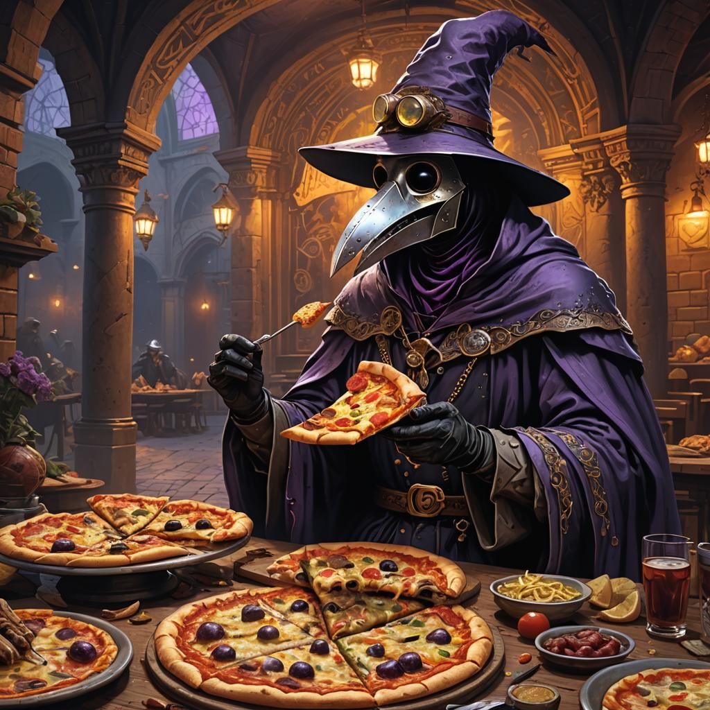 Plague Doctor eating pizza - AI Generated Artwork - NightCafe Creator